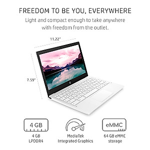HP Chromebook 11 Laptop, MediaTek MT8183, 4 GB RAM, 64 GB eMMC, 11.6" HD Touchscreen, Chrome OS, Long Battery Life, USB-C Port, Custom-Tuned Speakers, Lightweight (11a-na0110nr, 2022, Snow White)
