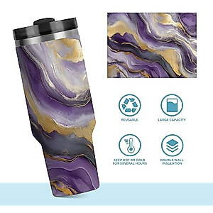 SEHANY Purple Marble 40 Oz Tumbler with Lid and Straw, Double Vacuum Stainless Steel Insulated Sports Water Bottle Cup Holder Friendly Leak-Proof Travel Coffee Cup for Iced Drink