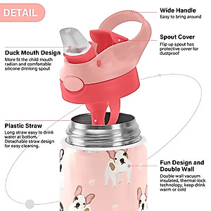 ALAZA Cartoon French Bulldog Kids Water Bottles with Lids Straw Insulated Stainless Steel Water Bottles Double Walled Leakproof Tumbler Travel Cup for Girls Boys Toddlers 12 oz / 350 ml,Pink