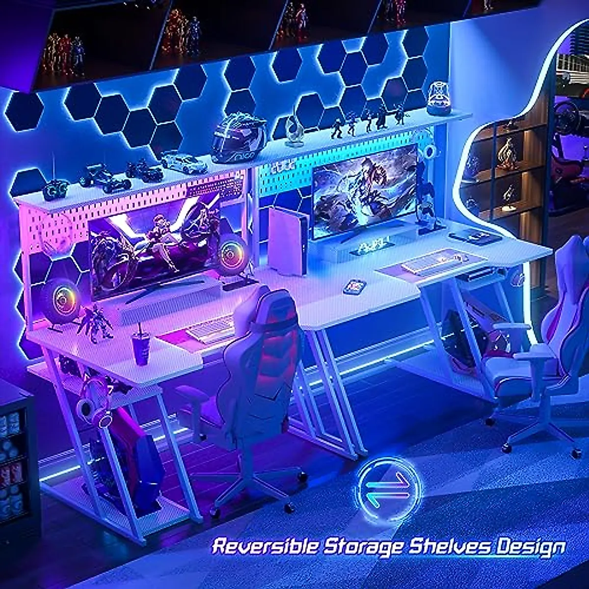 Gaming Computer Desk with Storage Shelves & Z-Shaped Legs, White Gaming ...