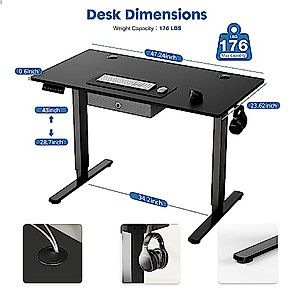 DUMOS Adjustable Height Electric Standing Desk with Drawer,48 x 24 in Ergonomic Computer Table with Splicing Board, Wire Hole and Hook for Workstation for Home, Office, Black
