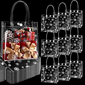 Gueevin 60 Pcs Christmas Clear Gift Bags with Handles Bulk Plastic Candy Treat Bags Snowflake Party Gift Bags PVC Wine Gift Tote Bags for Wedding Birthday Party Favor(7.87 x 7.87 x 3.15 Inch)
