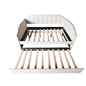 DNYN Upholstered Full Size Daybed with Trundle,Sofábed Design Bedframe w/Soft Fabric & Wood Slat Support,No Box Spring Needed & Easy Assemble,for Small Space,Bedroom,Guest Room, Beige