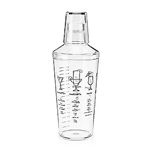 True Cocktail Shaker with Recipes for Cocktails and Ounce Measurements, Built-in Strainer, 16 oz, Clear Plastic