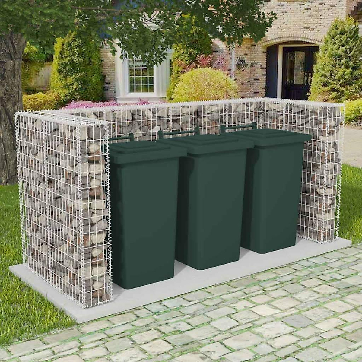 Festnight Gabion Triple Wheelie Bin Shed Galvanised Steel Garden Trash Container Surround 98.4 x 39.4 x 47.2 Inches (L x W x H)