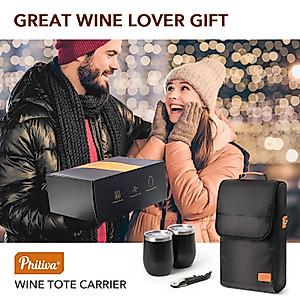 Philiva 3 Bottle Wine Tote Bag with Wine Tumblers and Wine Opener, Wine Gifts for Women, Portable Wine Carrier Purse with Shoulder Strap for Travel/Picnic/Beach/Pool/Events/Hiking, Black