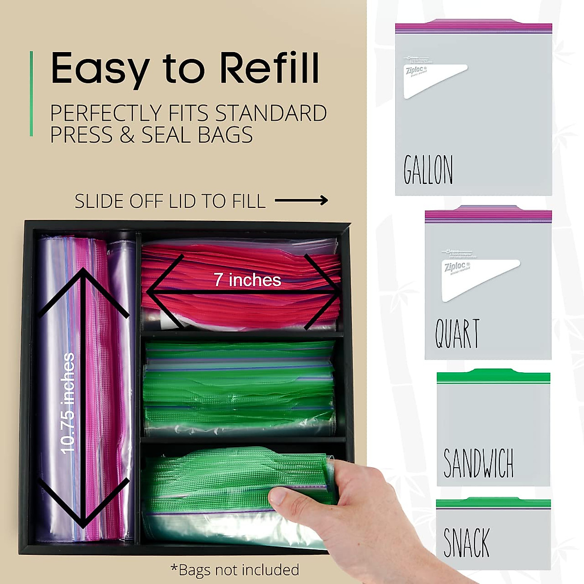 Pandability Premium Storage Bag Organizer for Drawer – Kitchen Organization – Food Storage Container - Compatible with Ziplock Style Bags, Quart Bags & Gallon Bags – Bamboo w/Farmhouse Font - Black