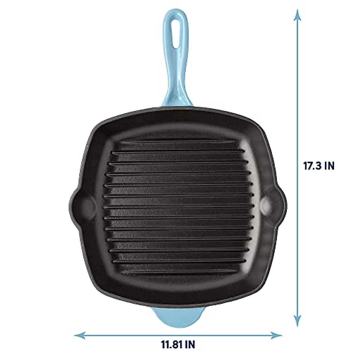 Country Living Enameled Cast Iron Square Griddle Grill Pan with Ridges, Helper Handle and Pouring Spouts for Easy Draining, Indoor Grilling Skillet, 11-Inch, Blue
