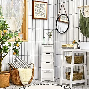 Tangkula Bathroom Floor Cabinet with 4 Drawers, 12 x 12 x 32 Inch, Freestanding Storage Cabinet for Bathroom Living Room, Wooden Bathroom Cabinet for Home Office (White)