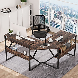 Tribesigns L Shaped Desk with Storage Shelves, 63 inch Industrial Corner Computer Desk with Monitor Stand, Study Writing Table Workstation for Home Office, Rustic Brown