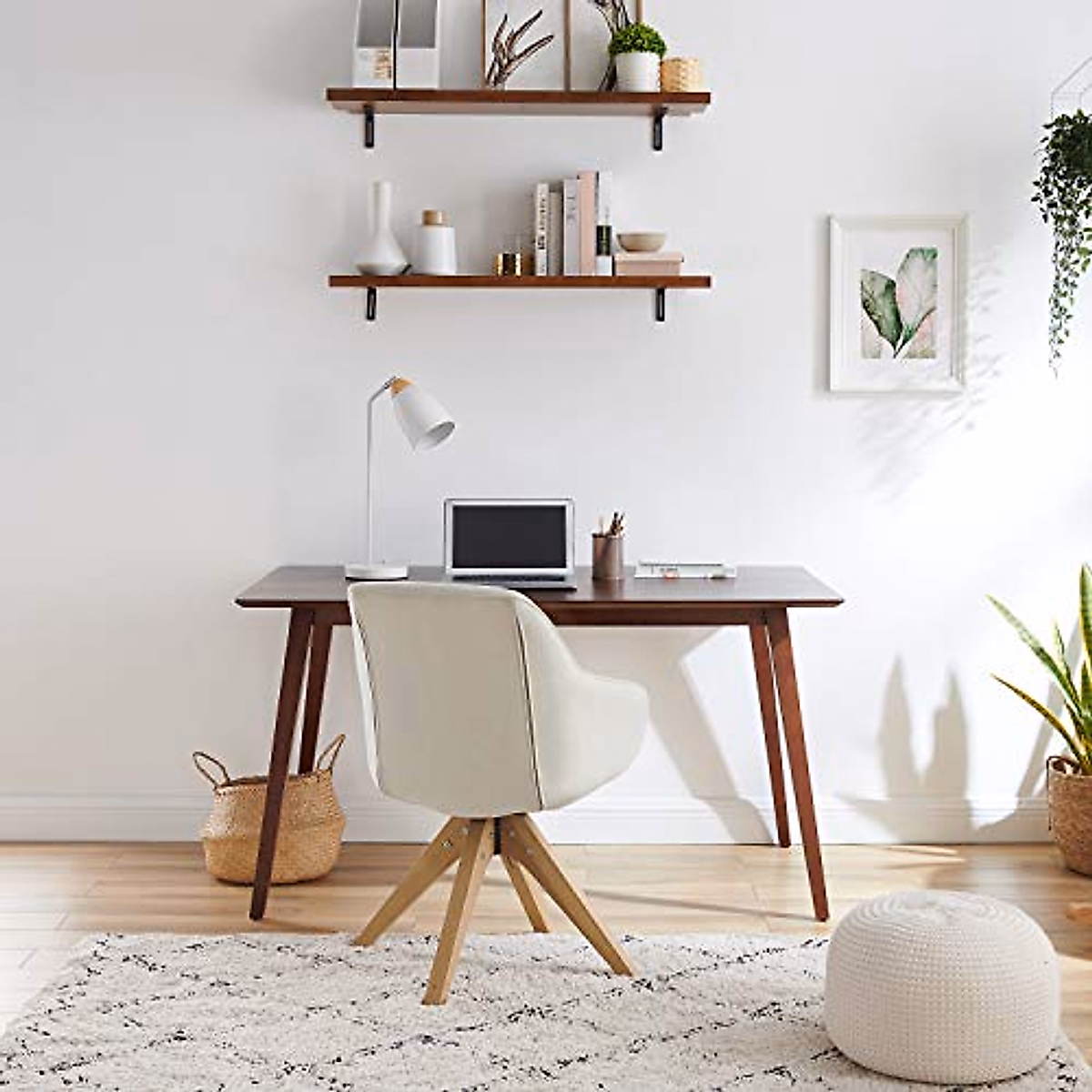 Art Leon Mid Century Modern Swivel Accent Chair with Oak Wood Legs, Desk Chair No Wheels, Armchair for Desk, Off White