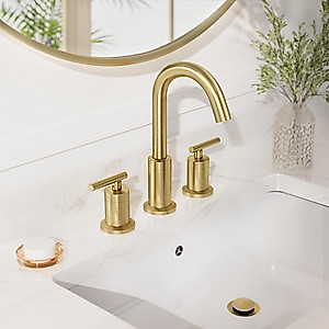 Phiestina Brushed Gold Bathroom Sink Faucet, Widespread 8 Inch 3 Hole Rotatable 360 Degree Modern Bathroom Faucet, with Pop Up Drain and Water Supply Line, WF03-1-BG
