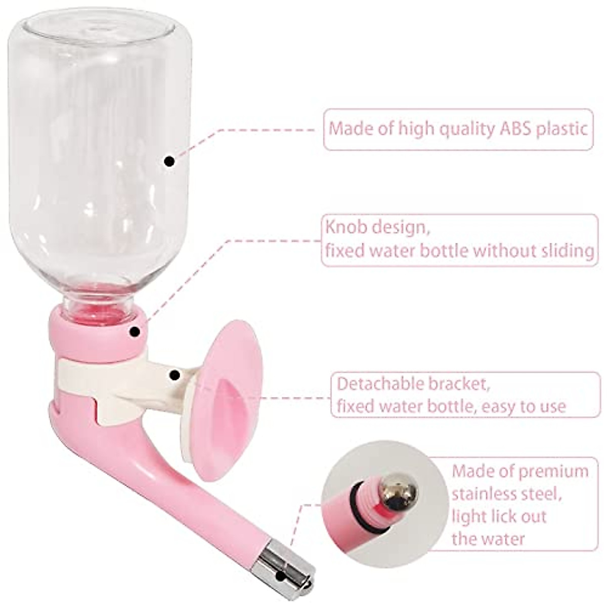 PINVNBY Rabbit Dog Water Bottle No Drip Hanging Chinchilla Water Dispenser Plastic Leak-Proof Bunny Waterer Suspended Small Pet Water Feeder for Ferret Hedgehog Squirrel Kitty Puppy (Pink)