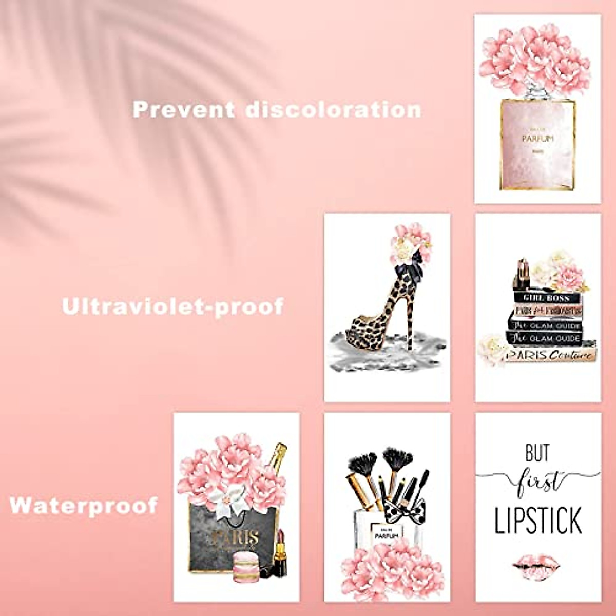 KALYLOC 6Pcs Pink Fashion Women Canvas Wall Art Prints, Pink Flower Perfume Makeup Brush High Heels Handbags Pictures Paintings, Art Decorations for Living Room Bedroom Office (8''x12'' in Unframed)