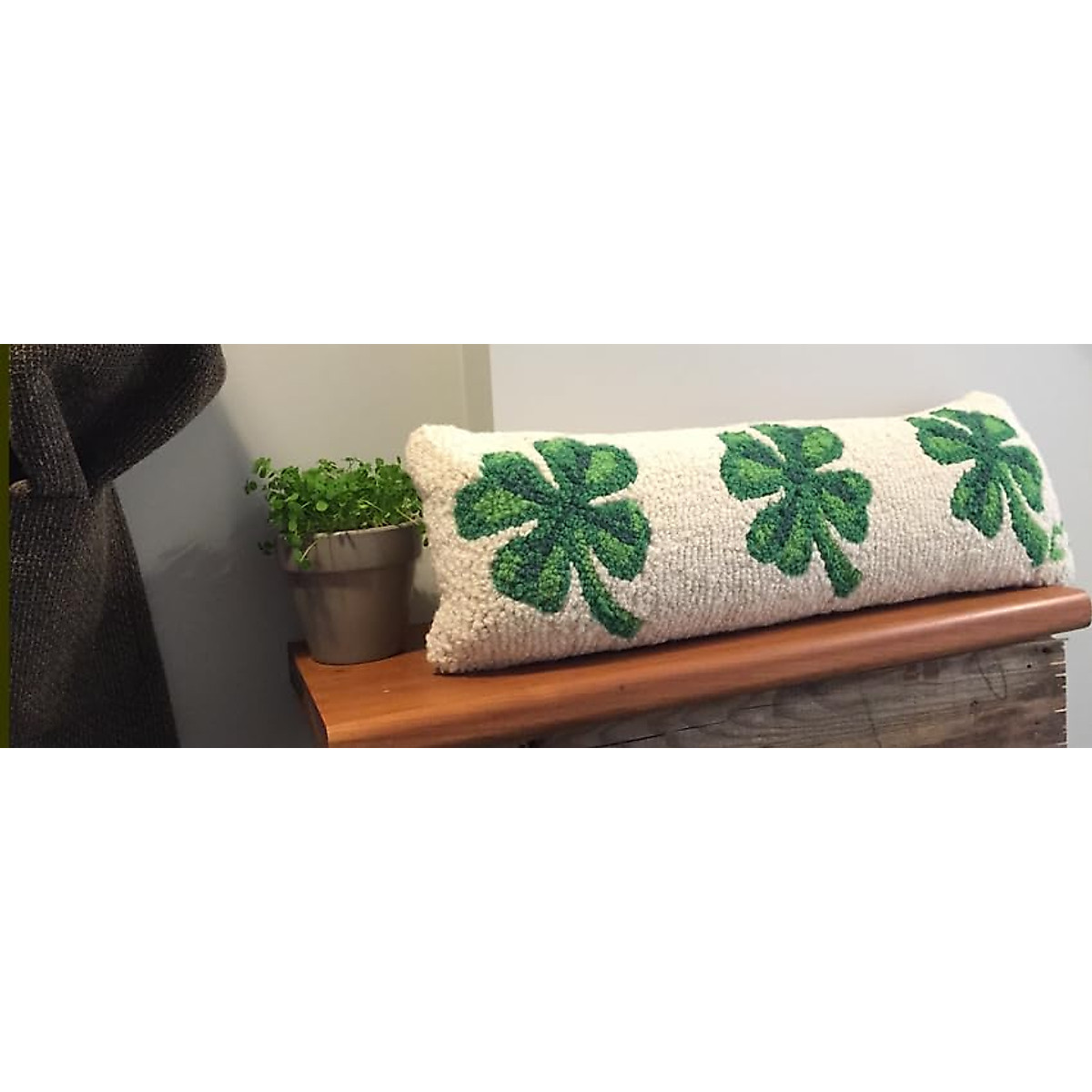 Chandler 4 Corners Artist-Designed 4 Leaf Clover Hand-Hooked Wool Decorative Throw Pillow (8” x 24”) St Patrick's Pillow for Couches & Beds - Low Maintenance St Patty's Day Shamrock Lumbar Pillow