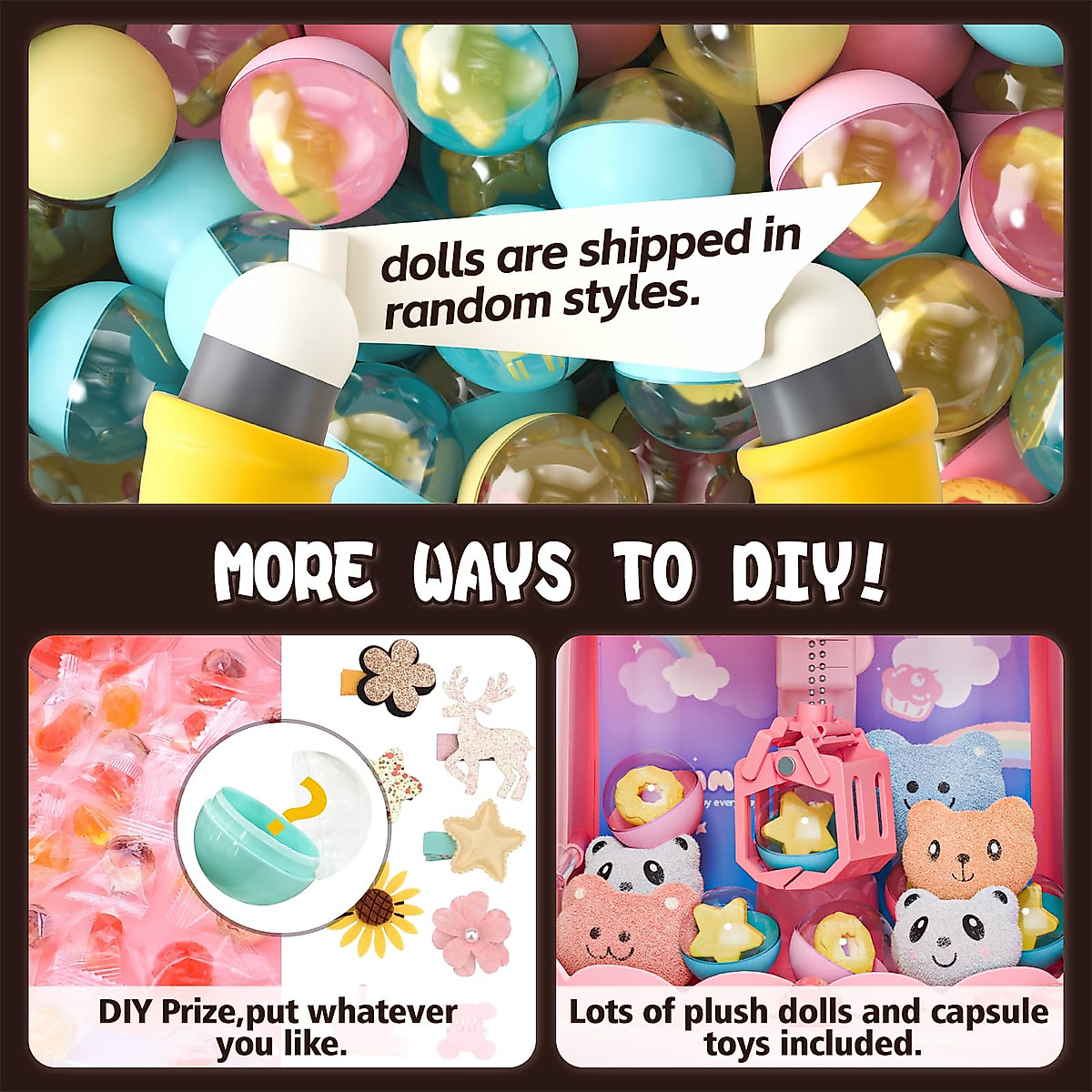 DOLIVE Mini Claw Machine for Kids，Electronic Dispenser Arcade Game Toys,Kids Vending Pink Machines with 6 Dolls 10 Capsule Toys, Grabber Plush,Adjustable Sounds and Music, Gifts for Girls