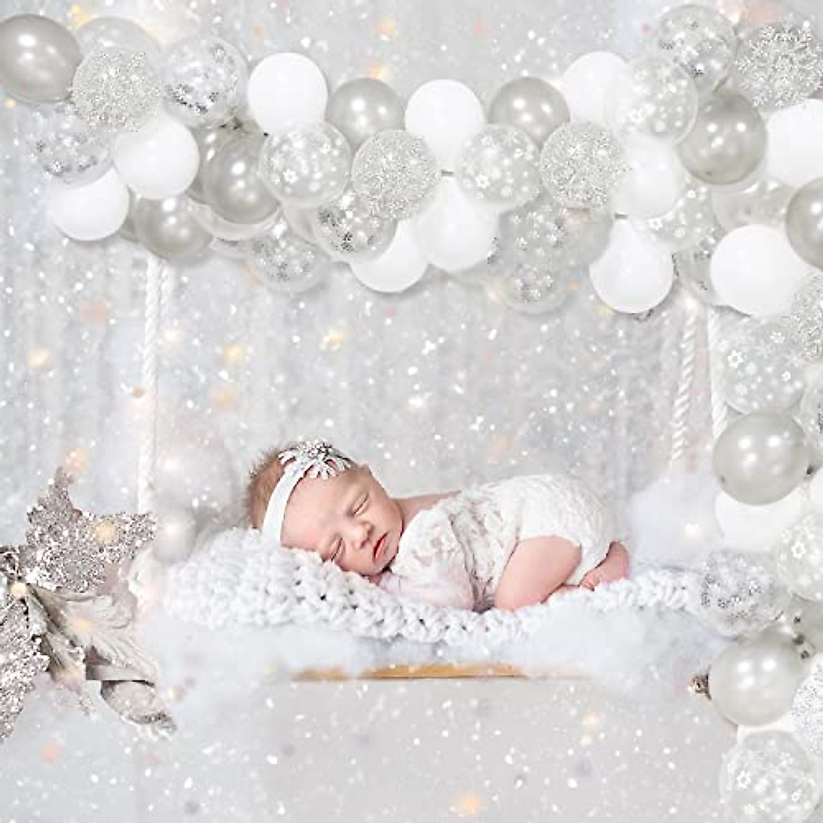 White Silver Snowflake Balloons Garland Arch Kit, Silver Snowflake Confetti Balloons Arch Winter Wonderland Party Decorations for Winter Baby Shower Birthday Baby Its Cold Outside Decorations