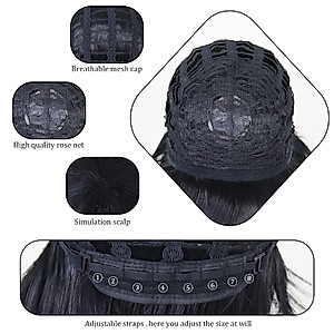 ANOGOL Hair Cap+32Inch/80cm Long Straight Black Wig Cosplay Synthetic Wig Long Black Wig with Bangs Peluca Negra Cosplay Wig for Halloween Anime Hair for Women Costume Party