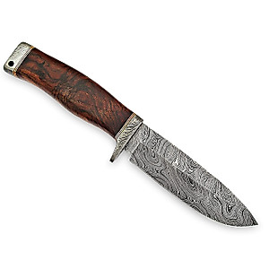 SFG - 11" Fixed Blade Hunting Knife, Damascus Steel Blade, Non-Slip Walnut Wood Handle, Lanyard Hole, Leather Pouch, Hunting, Camping, Backpacking, Fishing, Unique Gift Item For Men