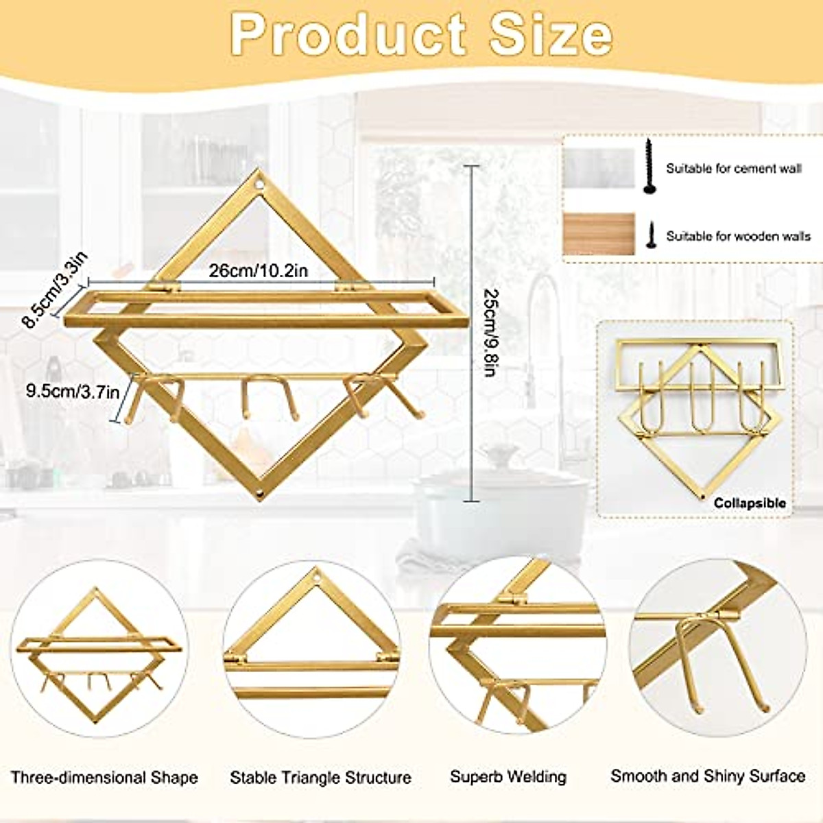 2Pcs Metal Wall Mounted Wine Holder Stemware Glass Rack, Upgrade Collapsible Hanging Red Wine Racks Organizer with 3 Stem Glass Holders, Wine Bottle Display Hanger for Home Kitchen Bar Decor…