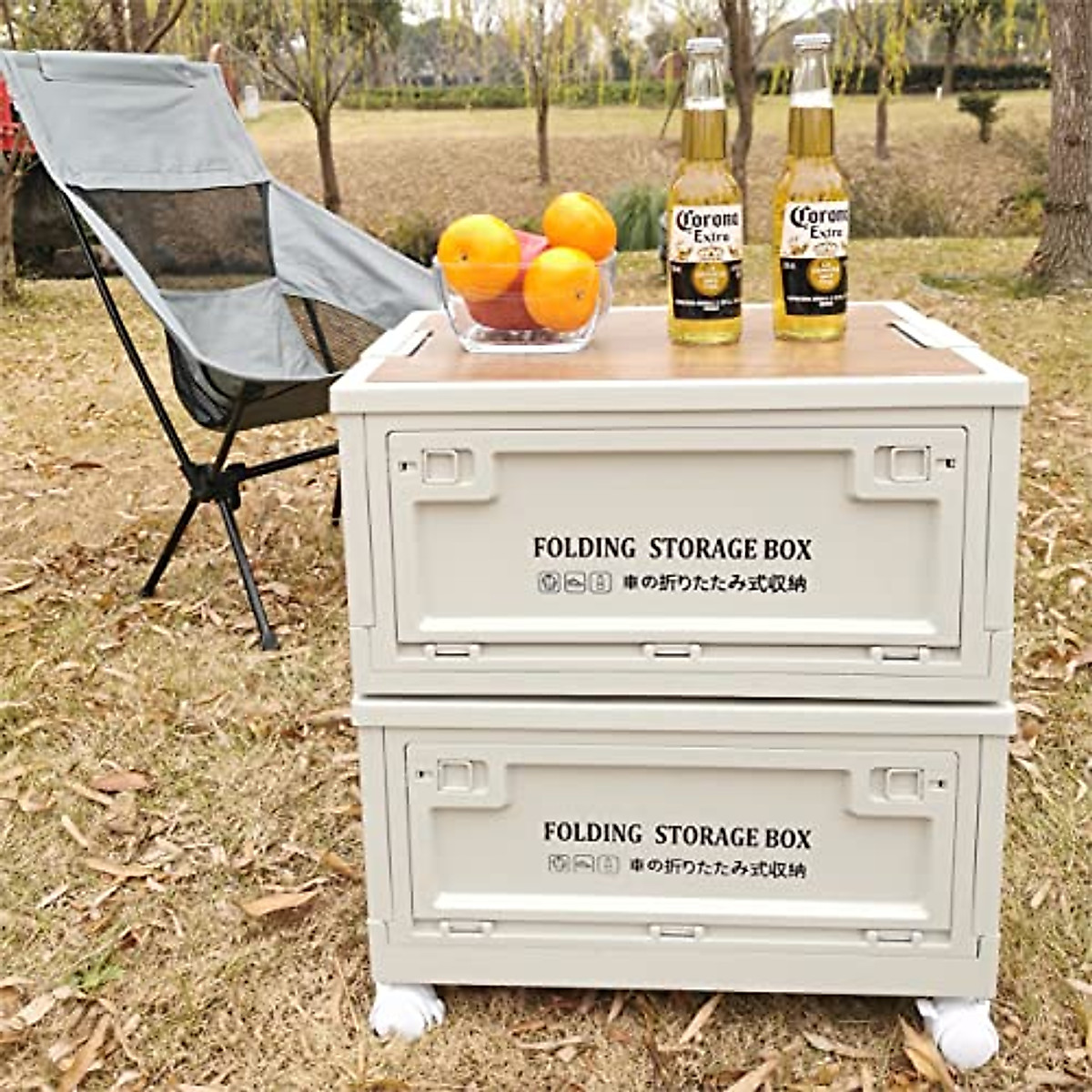 YOHOUYEAR Folding Storage Box with Wooden Lids and Doors,47.5 Qt./45L Stackable Collapsible Closet Organizer,Outdoor Multifunctional Plastic Bins,Camping,Car Trunk,Home Sorting