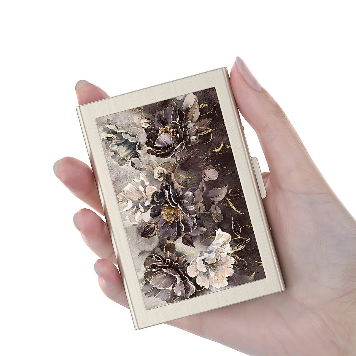 howfateam Credit Card Holder，Slim Card Holder Wallet，RFID protective Metal Card Holders, Credit Cards Card Organizer for Women Men,Black Flower