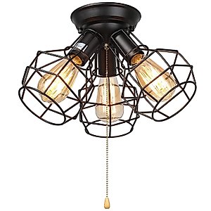 LOG BARN Ceiling Light Fixture with Pull Chain, Wire Cage Light Fixture in Black Finish for Bedroom, Kitchen Island, 15 inches