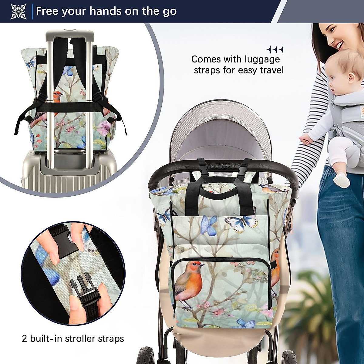 xigua Romantic Pretty Birds Diaper Bag Backpack Multi Function Baby Changing Bags Waterproof Large Capacity Travel Back Pack for Mom Dad