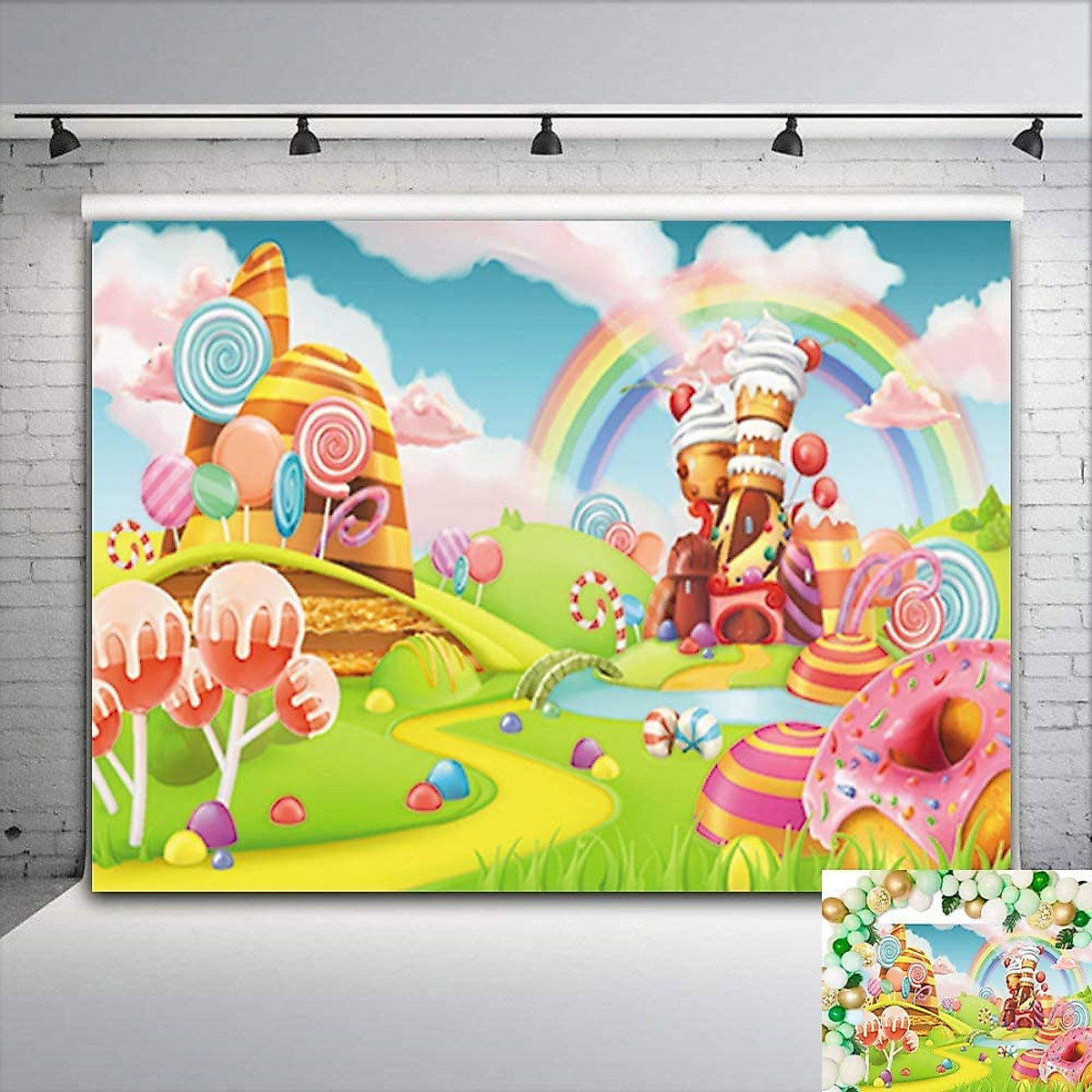 Colorful Rainbow Photography Backdrop Baby Shower Banner Decorations Cartoon Sweet Candy Lollipop Dessert Photo Background Boys Girls 1st Birthday Party Vinyl 5x3ft Photo Booth Studio Props