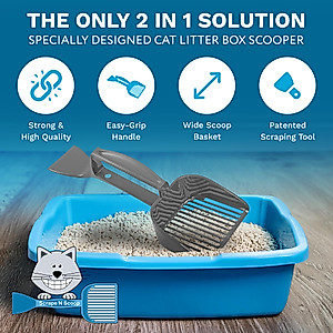 SCRAPE 'N' SCOOP Cat Litter Clump Remover with Sifter – Litter Box Scooper & Scraper 2 in 1 for Litter Tray, Potty, & Litter Pan - Animal Waste Cleaner Tool - Pet Accessories & Supplies - Grey