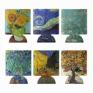 WIRESTER Can Cooler Sleeves for Soda Beer Can Drinks, 6 Pack - Almond Blossom + Cafe Terrace At Night + Irises + The Starry Night Moon + Mulberry + Sunflowers Blue By Van Gogh