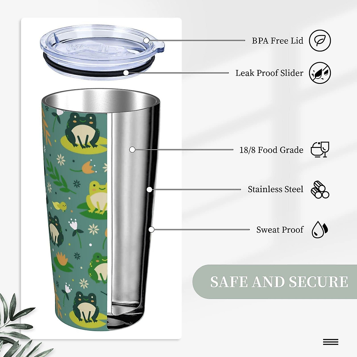 Frog Tumbler with Lid and Straw, 20 Oz Stainless Cup Steel Insulated Water Bottle Travel Coffee Mug