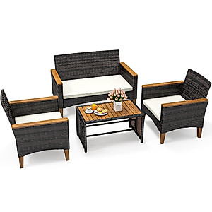 YITAHOME Wooden Armrest 4-Piece Patio Furniture Set, All-Weather Outdoor Furniture Rattan Wicker Conversation Set with Wooden Side Table, Wooden Armrests &Feet and Soft Cushions, Brown+Beige