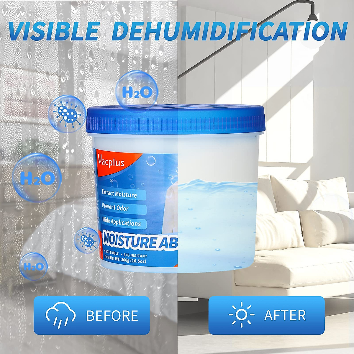 Vacplus Moisture Absorbers Dehumidifier Bucket -Unscented for Closet, Highly Absorbent for basements, bathrooms, boats, RVs, 10.5 OZ Replaceable, 6 PACK