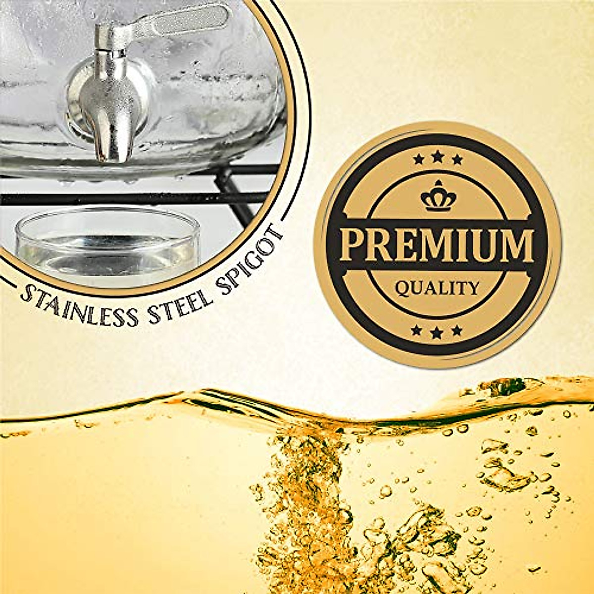 2 Gallon Glass Beverage Dispenser with Ice and Fruit Infusers, Metal Wire Stand with Wooden Handles, Drip Tray and Stainless Steel Spigot- Mason Drink Dispenser for Iced Tea, Kombucha, Infused Water