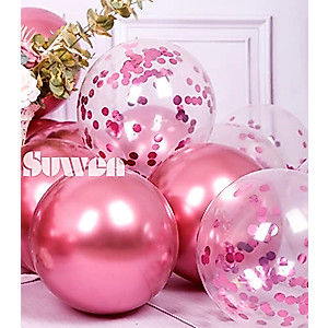 SUWEN Metallic Hot Pink Balloons and Confetti Balloons Set 47PCS Latex Helium Chrome Magenta Balloon for Birthday Graduation Anniversary Party Decorations