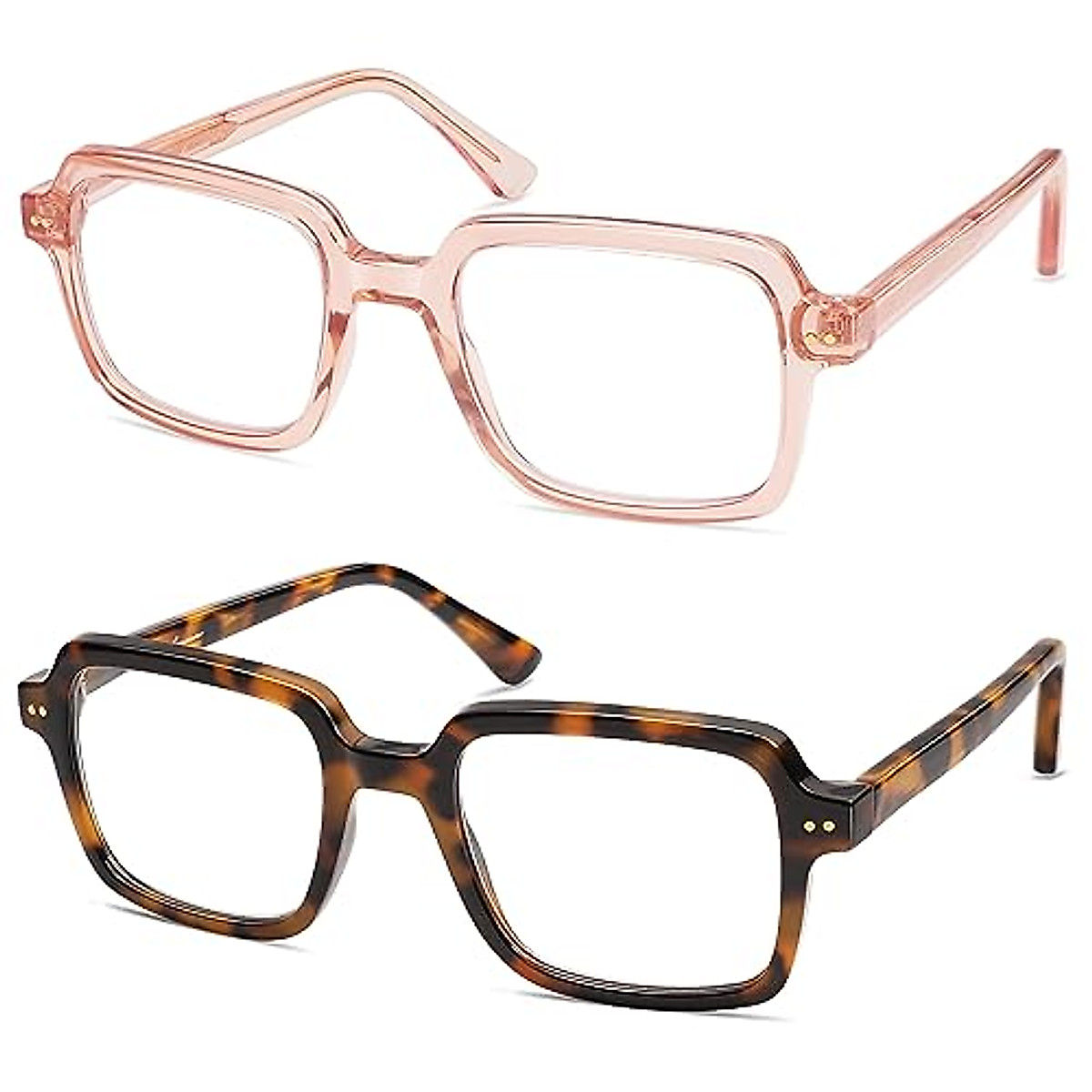 AMOMOMA 2Pack Retro Thin Square Reading Glasses for Women Men,Women's Blue Light Computer Reader AM6105 Crystal Brown+Tortoise 1.5
