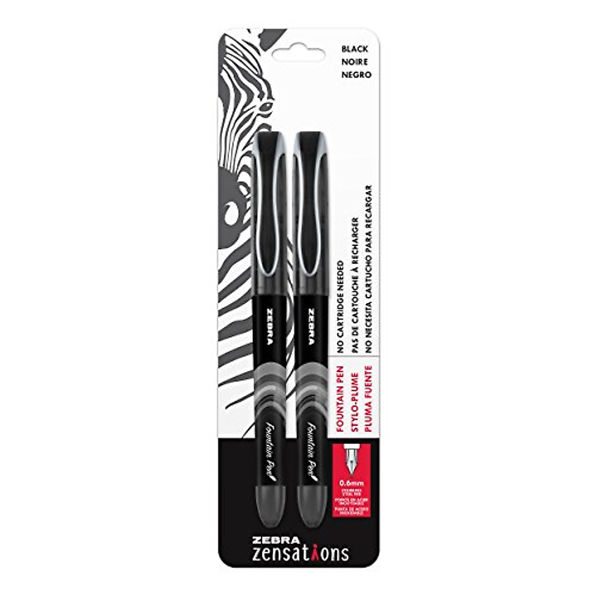 Zebra Pen Zensations Fountain Pen Set, Fine Point 0.6mm, Black Non-Toxic Ink, Stainless Steel Nib, Disposable, 2-Pack (04112)