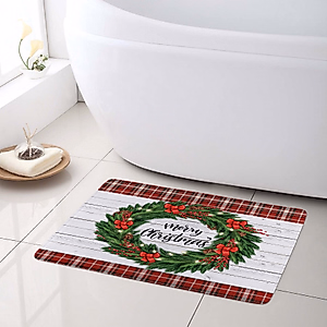 HVEST Christmas Memory Foam Bath Mat, Christmas Garlands with Red and Black Plaid on Rustic Wood Planks Non Slip Bath Rug Kitchen Mat Door Mat Washable Absorbent Bathroom Décor Rug, 16 X 24 Inches
