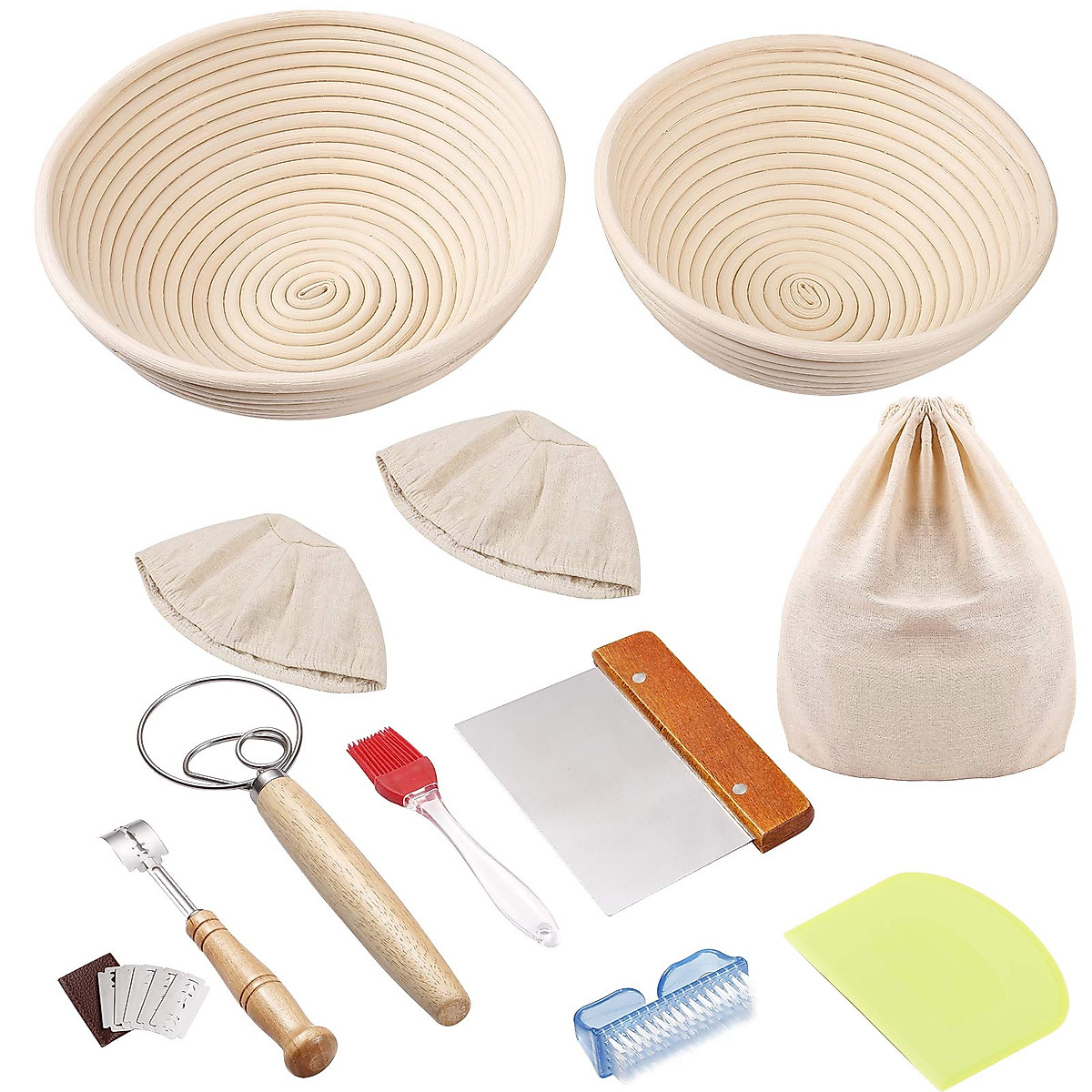 Round Bread Proofing Basket Set of 2, 8" and 9" Natural Rattan Banneton Round Sourdough Baking Bowls with Multi Baking Tools for Professional and Home Bakers