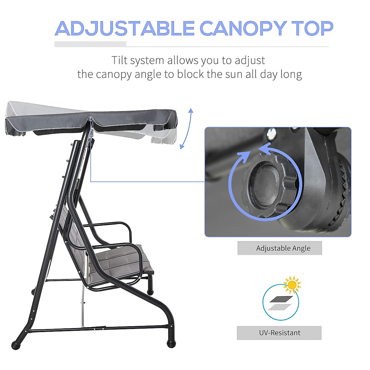 Outsunny 3-Seater Porch Swing Chair, Outdoor Swing Glider with Adjustable Canopy, Padded Breathable Seat, for Garden, Poolside, Backyard, Deck