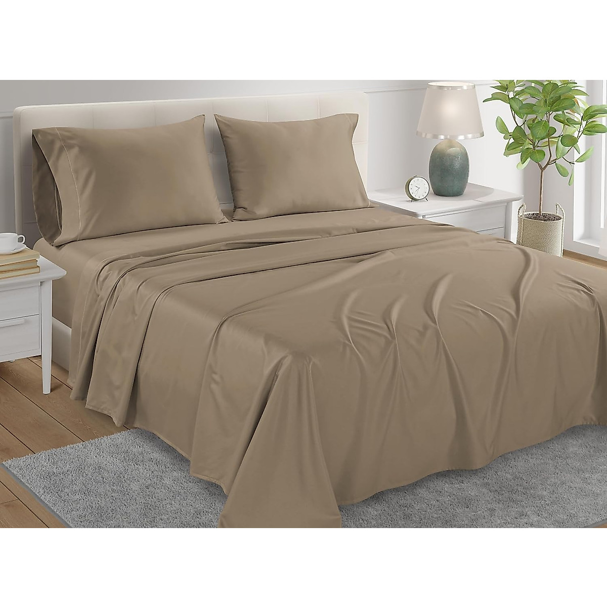 100% Egyption Cotton Full Size Solid Sheet Set & Striped Sheets Set of 2 Combo- 800 Thread Count Sateen Weave Full Size Solid Sheets & Striped Sheets, Deep Pocket Cotton Bedsheets - Taupe