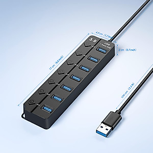 ONFINIO USB Hub 3.0, 7-Port USB Hub Splitter with Individual On/Off Switches and Lights, 3.2ft/1m Long Cable Compatible with MacBook, Laptop, Surface Pro, PS4, PC, Flash Drive, Mobile HDD