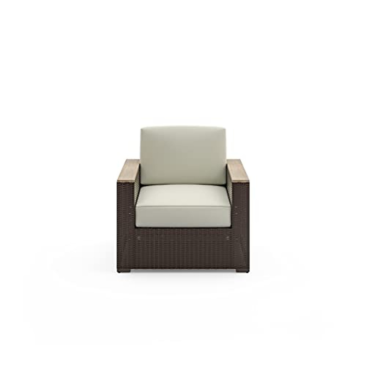 Homestyles 6800-10 Palm Springs Outdoor Arm Chair with Cushion, Weatherproof Woven Wicker Rattan with Acacia Wood Accents, 1 Person, Beige