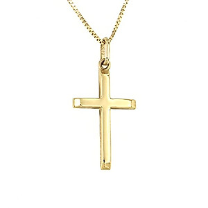 14 Karat Gold Cross, Small Religious Pendant Necklace with 18 inch Box Gold Chain - 14k Christian Cross with Adjustable Chain for Womens, Authentic Italian Religious Gifts Jewelry