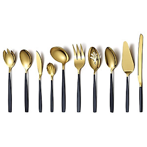 Black with Gold Silverware Serving Set 10 Pieces, Black Gold Flatware Serving Set, Serving Utensils, Include Slotted Spoon, Cake Server, Sugar Spoon, Soup Ladle, Wedding Cake Knife Ect