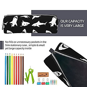 Ykklima Leather Pencil Case - Cute White Shark Fierce Black Pattern, Stationery Bag Pen Organizer Makeup Cosmetic Holder Pouch for School Work Office College