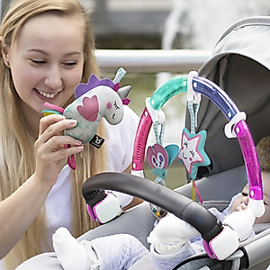 BENBAT Baby Stroller Arch Toy Rainbow Dazzle Friends Play Bar. Fun Newborns Sensory Activity, Adjustable for Bouncers and Car Seat, Unicorn