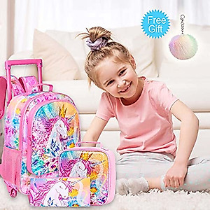 4PCS Rolling Backpack for Girls,Kids Unicorn Bookbag with Roller Wheels, Suitcase School Bag Set for Toddler Elementary