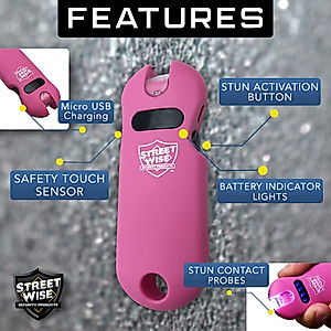 Streetwise Smart 24,000,000 Stun Gun Keychain Rechargeable with LED Flashlight - Personal Defense Equipment - Protection Keychain - Pink